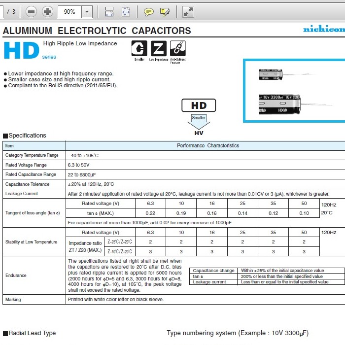 2200uF 16V Nichicon HD คาปาซิเตอร์ Low impedance 105C ขนาด 12.5X25mm ...