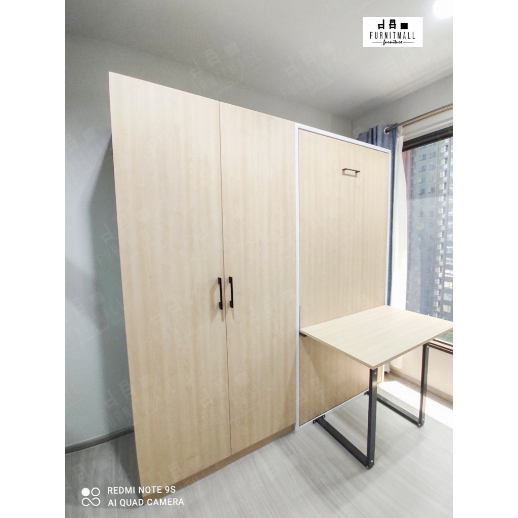 เตียงพับ Wallbed 3 ฟุต พร้อมโต๊ะทำงานและตู้เสื้อผ้า กว้างรวม 2m. | Shopee Thailand