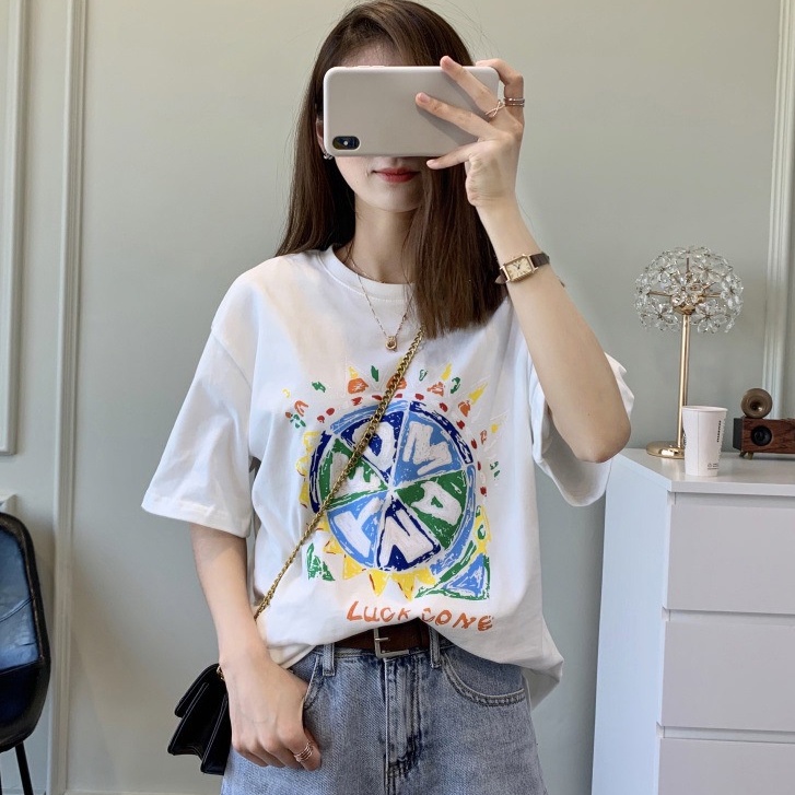 【WANG JIAO ZHAN】 เสื้อยืดคอกลมแขนสั้นพิมพ์ลายหลวมสไตล์เกาหลีใหม่【329 ...