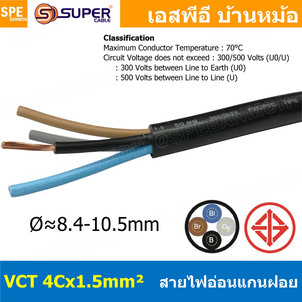 [ 1 เมตร ] VCT-4x1.5 สาย VCT 4C X 1.5 sq.mm สายอ่อน 4 คอร์ Size 1.5 sq.mm VCT AC Power Cable ...