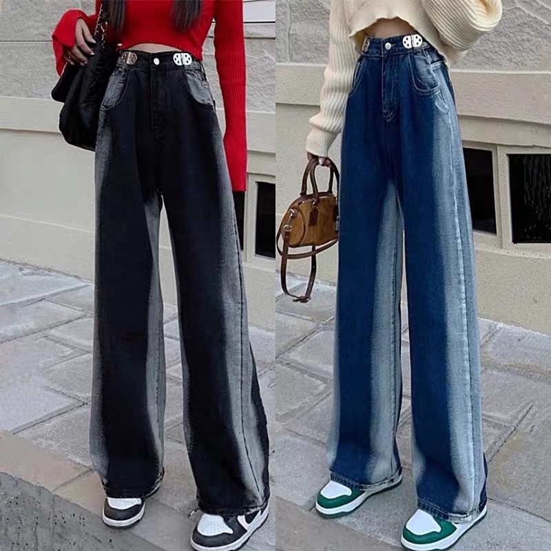 Bentoy(907)กางเกงยีนส์ขายาวเอวสูงสุดเก๋ ดีเทลฟอกสี2ข้าง โกรงขายาว ผ้าดี | Shopee Thailand