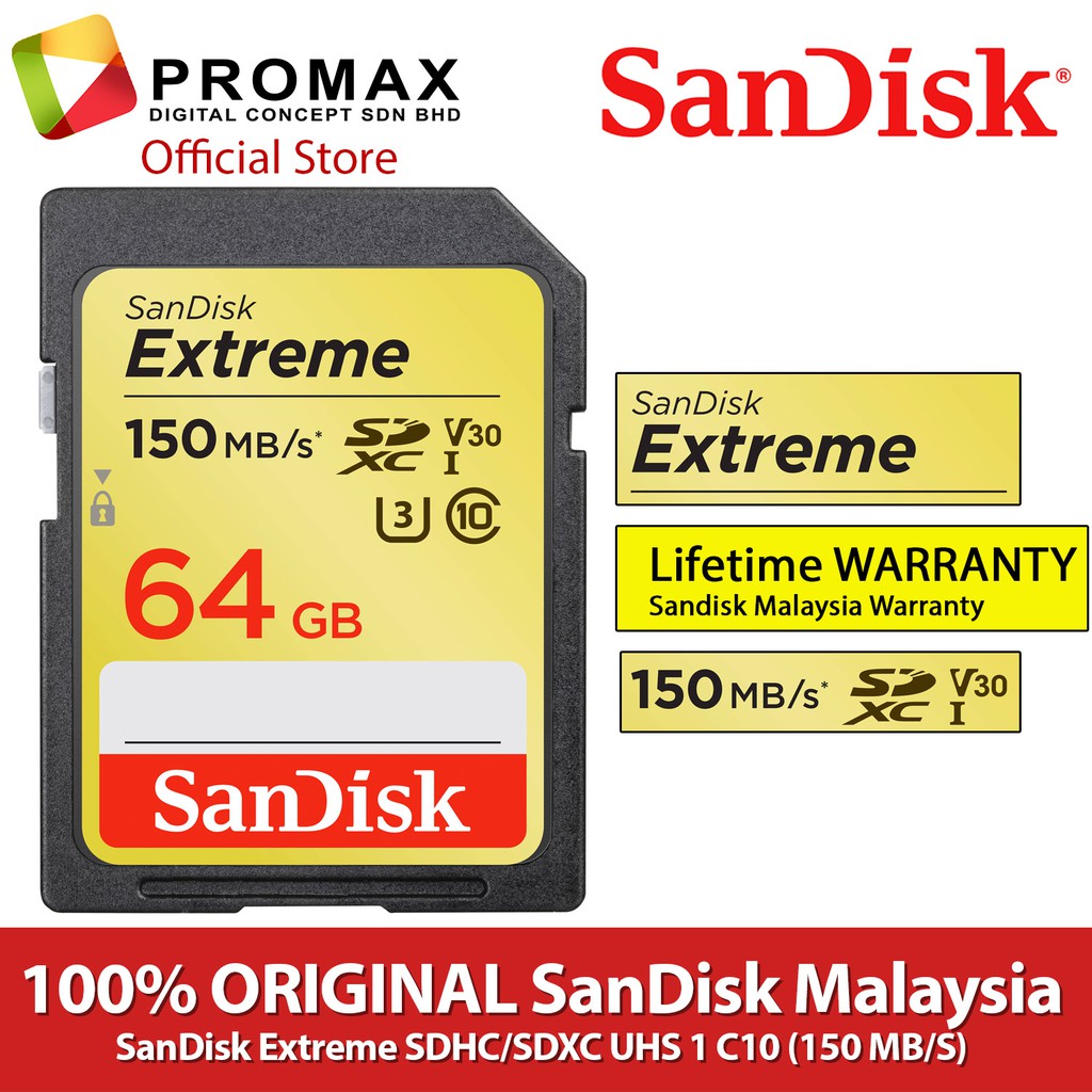 Sandisk Extreme การ์ดหน่วยความจํา SD 64GB 150MB/s Class 10 UHS-I V30 ...