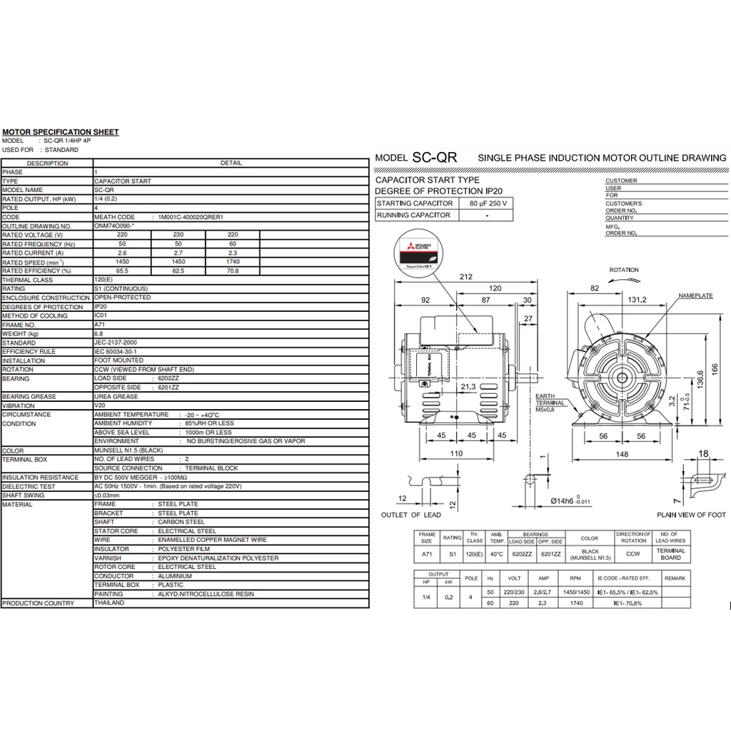 MITSUBISHI มอเตอร์ SCQR 1/4HP ,1/3HP ,1/2HP 4P 220v 1450รอบ |ชิ้น| TTR ...
