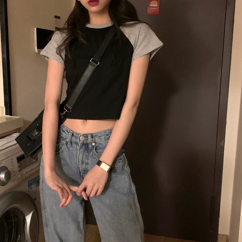 【WANG JIAO ZHAN】 เสื้อยืดสั้นเอวสูงสไตล์เกาหลีสำหรับผู้หญิง，เนื้อผ้า ...