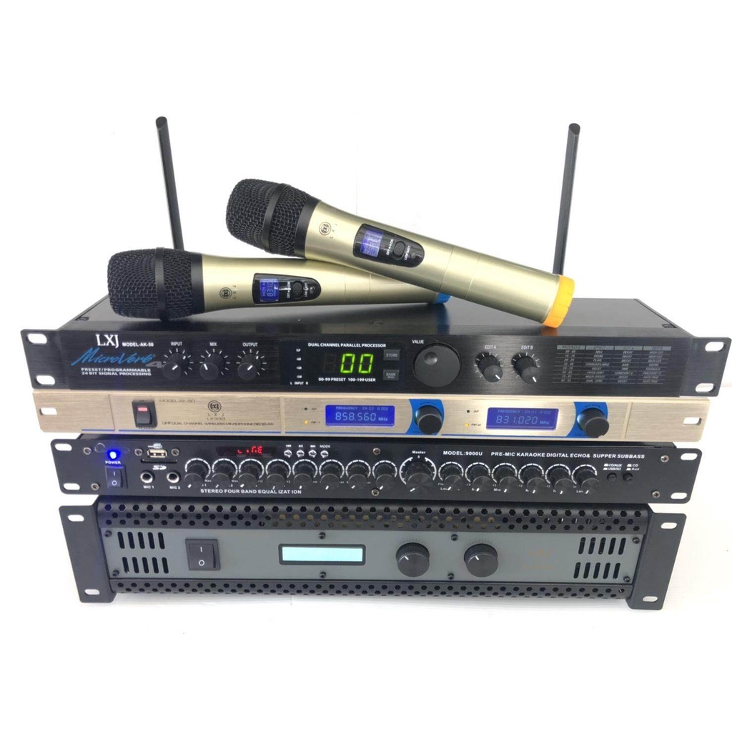 LXJชุดเครื่องเสียงเพาเวอร์ + ปรีแอมป์+ไมโครโฟนไร้สาย ไมค์ลอยคู่ UHF+ ...