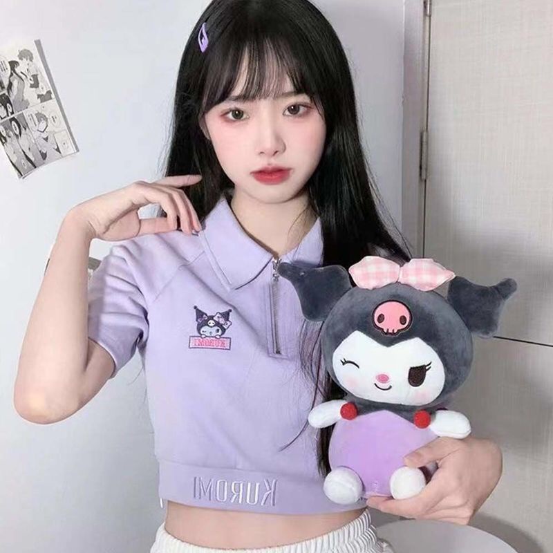 Kuromi เสื้อยืดโปโล แขนสั้น ปักลายคุโรมิ และกางเกงขาสั้น สองชิ้น สไตล์ ...