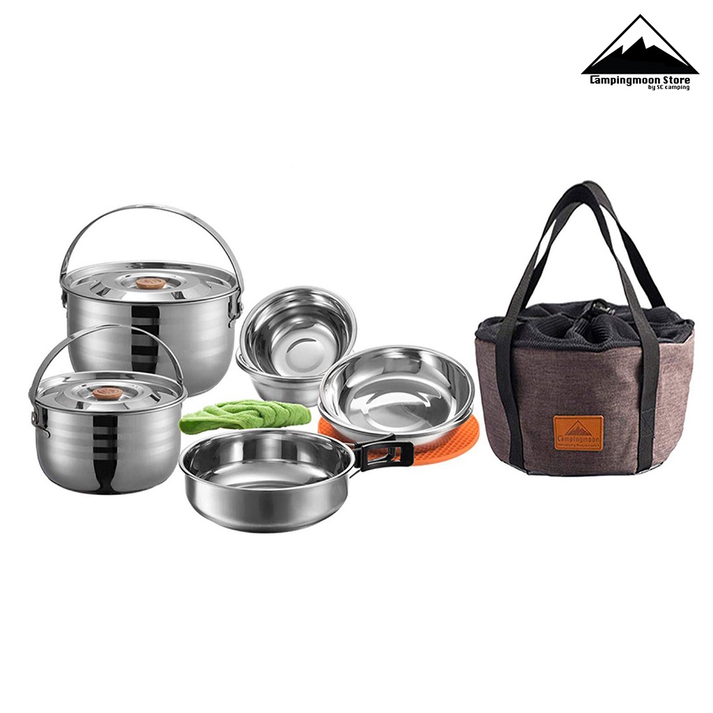 ชุดเครื่องครัว หม้อสนาม Campingmoon MC-210 | MC-240 แสตนเลสคุณภาพพรีเมียม สำหรับ 6-8 คน | Shopee ...