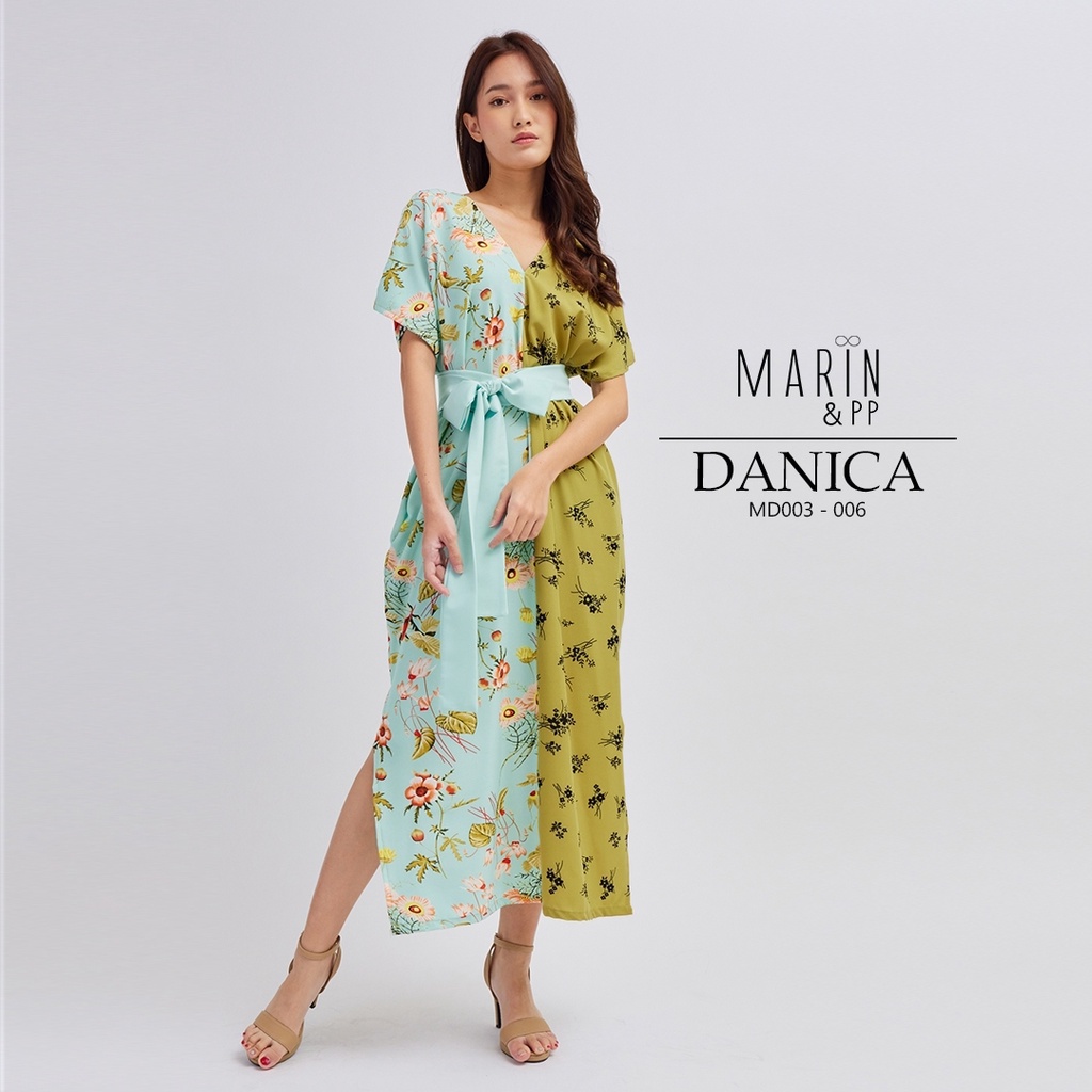 Marin&PP Danica Maxi Dress MD003-006 ชุดเดรสสาวอวบโทนเขียว ทรงหลวม มีเชือกผูกเข้ารูป สีทูโทน รอบ ...