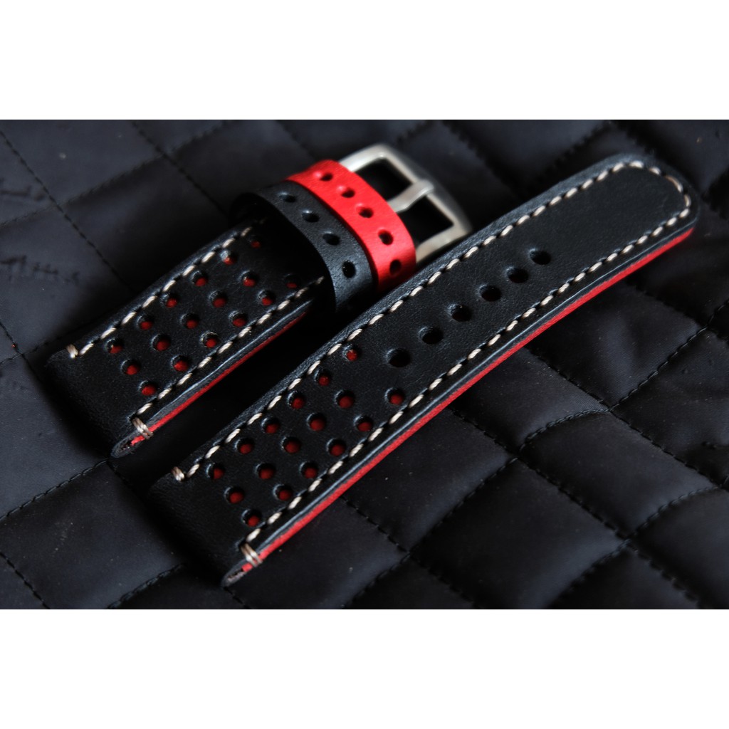 สายนาฬิกาหนังแท้ แนวRally racing strap สี ดำแดง รุ่น D.O.T. watch strap ...