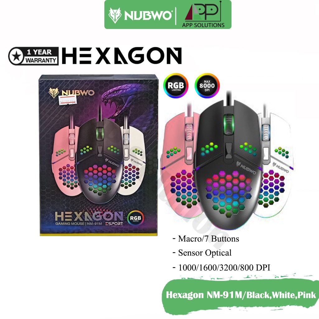Nubwo MOUSE(เม้าส์)OPTICAL GAMING รุ่นHexagon NM-91M(Black,White,Pink ...