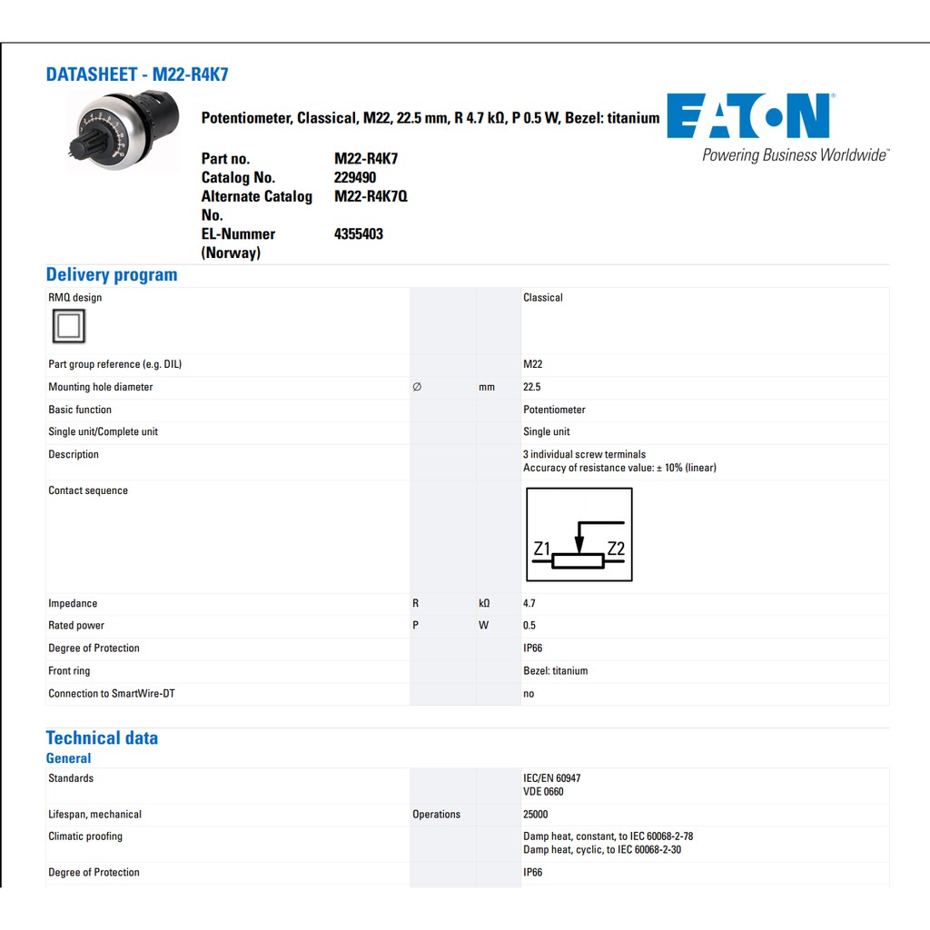 M22-R1K ,M22-R4K7 , M22-R10K ( EATON) (Moeler) ตัวปรับค่าโอมห์ 1 , 4.7 ,10 KΩ ตัวต้านทานปรับค่า ...