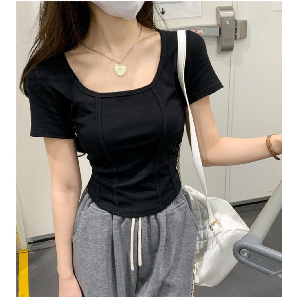 【WANG JIAO ZHAN】เสื้อยืดคอเหลี่ยมแขนสั้นทรงเข้ารูปแฟชั่นสตรีสไตล์เกาหลี ...