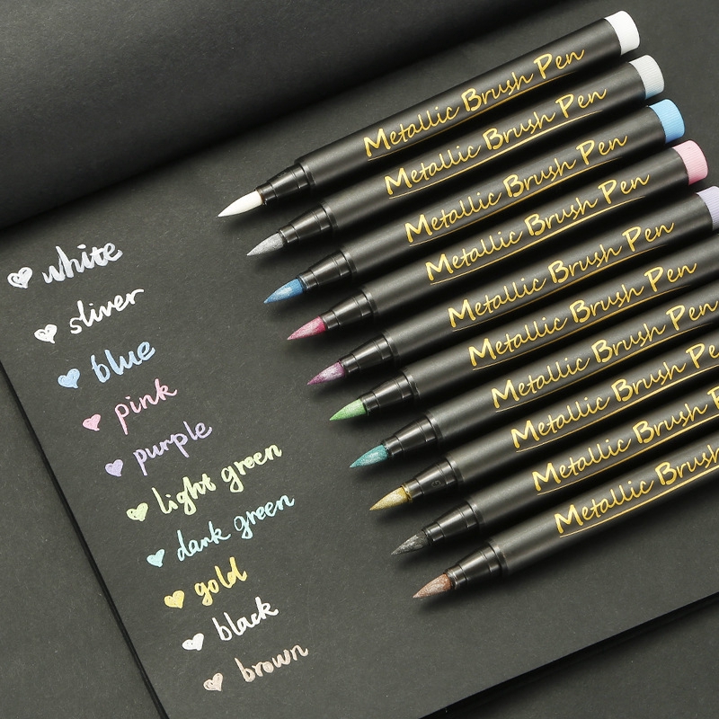 Color Calligraphy Pen Metallic Brush Pen Soft Head DIY Album Black Card ...