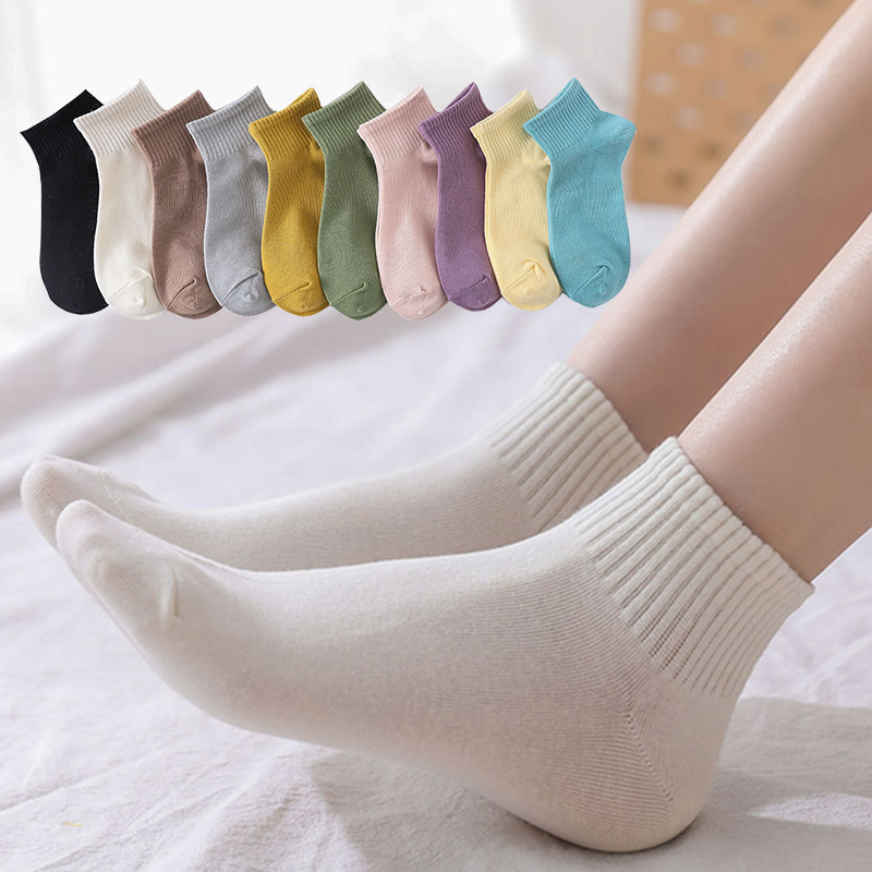 Simple Solid Color Vertical Stripes Low Cut Socks Women Cotton Girls ...