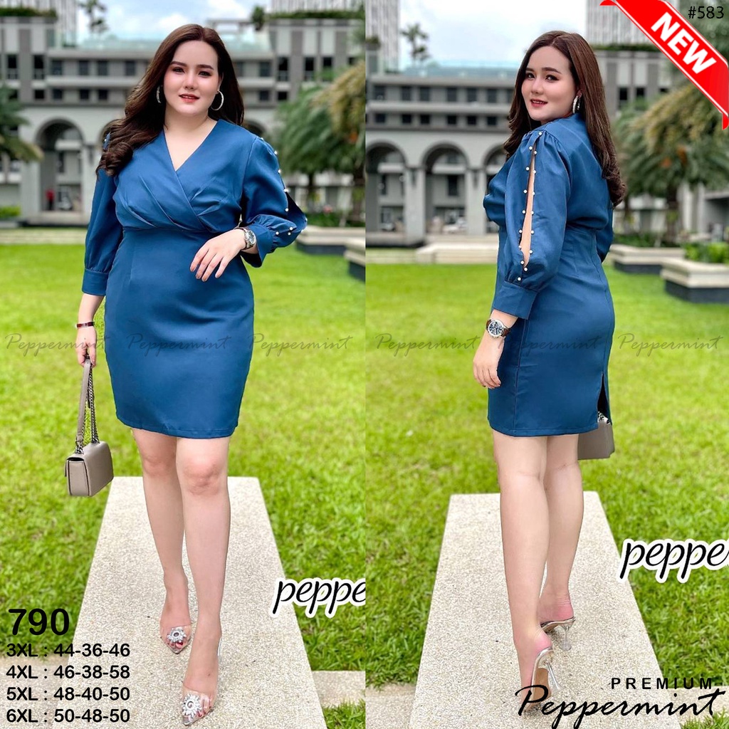 งานพรีเมียม นำเข้า เดรสสาวอวบ ผ่าแขน แต่งมุก สวยหรดูดี Peppermint PlusSize สีฟ้าทะเล (583 527 ...