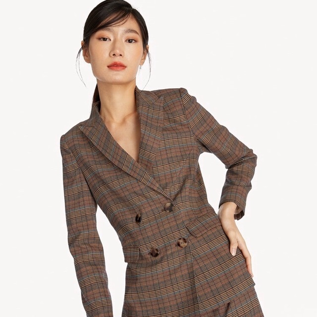 เบลเซอร์ POMELO Tartan Double Breasted Blazer - Brown | Shopee Thailand