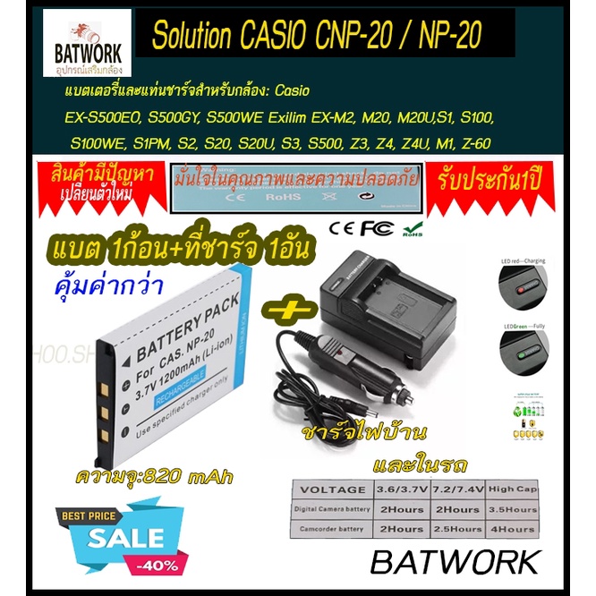 (ชุดแบตเตอรี่1ก้อนพร้อมแท่นชาร์จไฟแบบไฟบ้าน1อัน)CASIO CNP-20 / NP-20 ...