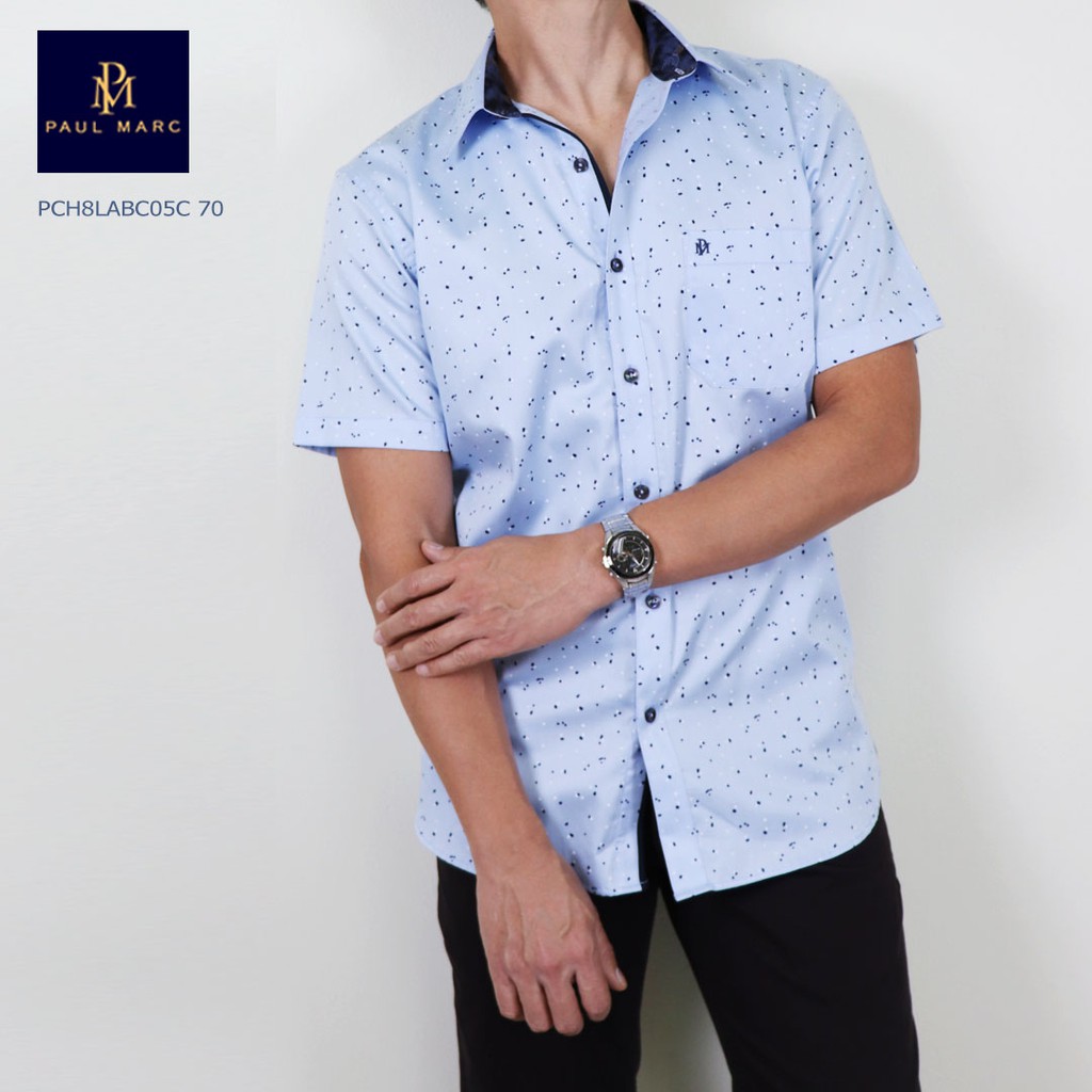 PAUL MARC เสื้อเชิ้ตลายจุด สี blue ocean ทรง slim - Print Short Sleev ...