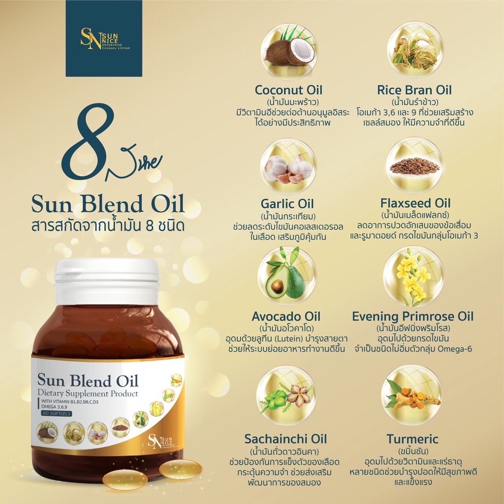 Sun blend oil / ซันเบรนออยน้ำมัน8ชนิด / 1 กระปุก60เม็ดทานได้2เดือน ...