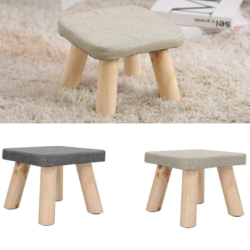 Small Linen Footstool Foot Rest With Wooden Legs Pouffe Kids Child Seat ...