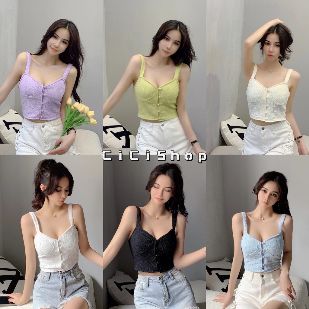 Cicishop(J102)CropTop เสื้อสายเดี่ยวครอปกิมมิคทอลาย ทรงสวยชิคๆ | Shopee Thailand