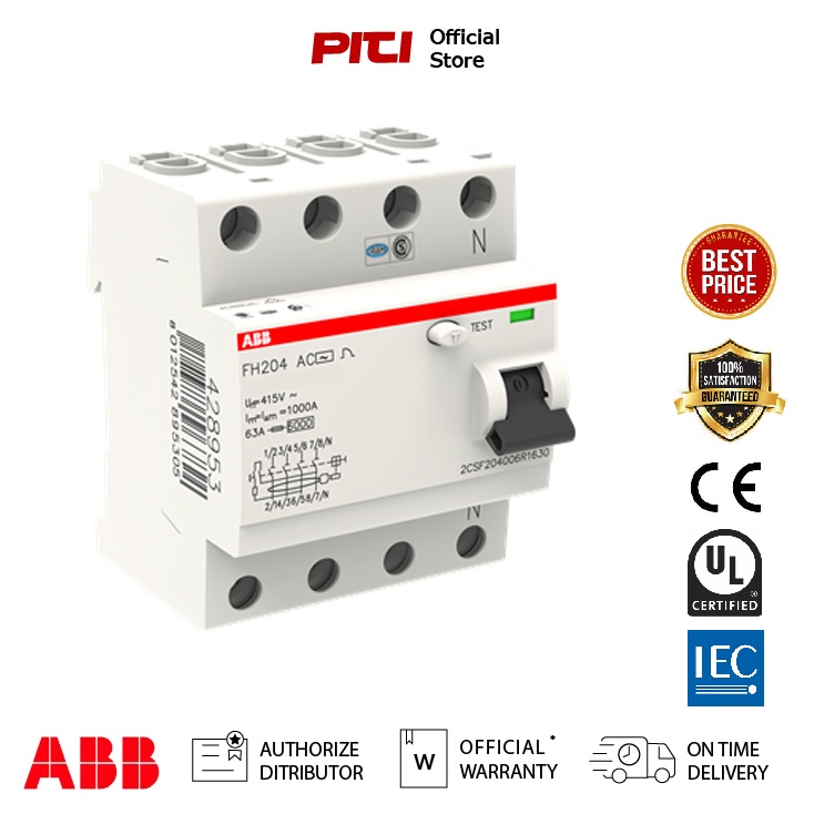 ABB RCCB FH204 63A 4P Type AC-63/0.03 สามารถตัดวงจรเนื่องจากไฟรั่ว ไฟดูด 30mA # 2CSF204006R1630 ...