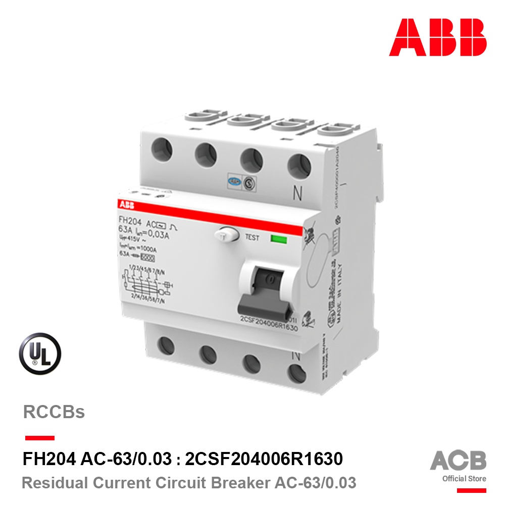 ABB - FH204 AC-63/0.03 อุปกรณ์ป้องกันไฟรั่ว ไฟดูด Residual Current (RCCB) 4P, 63A/30mA , 10kA ...