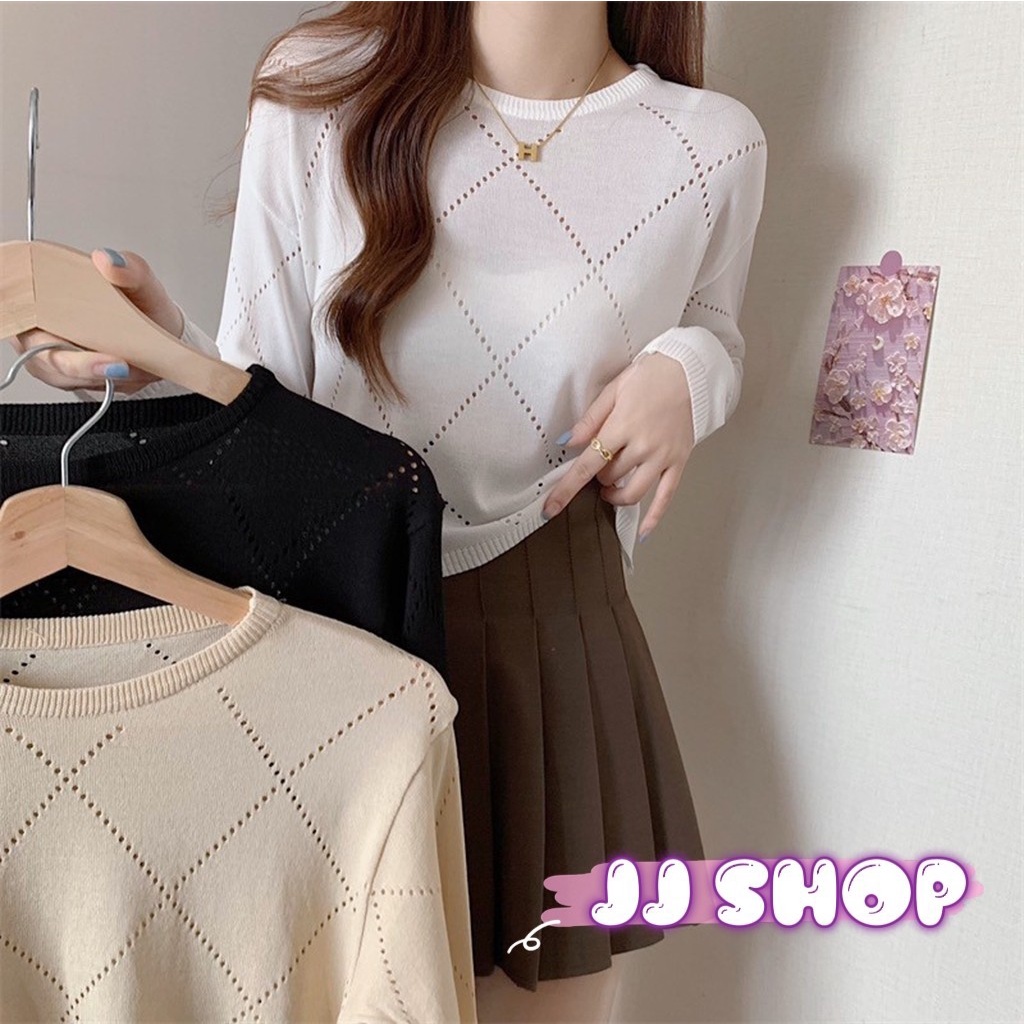 JJ shop 💜"พร้อมส่ง" เสื้อแขนยาวคอกลม ไหมพรมเรียบๆดีเทลลวดลายเก๋ๆใส่สบายสไตล์เกาหลี "98102 ...