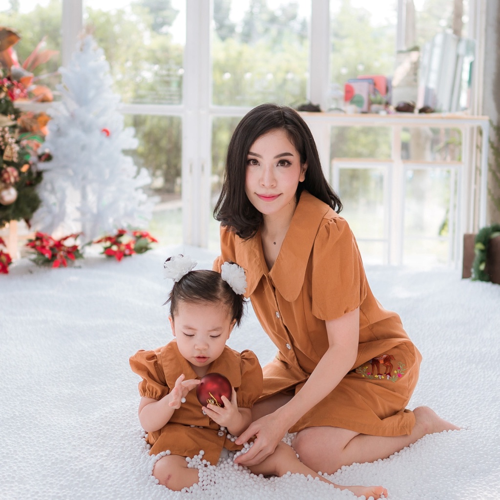 Mamong ชุดให้นม ชุดคู่แม่ลูก เดรสให้นมผ้าลินินปักลายกวาง | Shopee Thailand