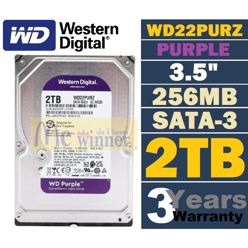 2 TB 3.5" HDD PC (ฮาร์ดดิสก์) CCTV WD PURPLE (WD23PURZ) (256MB, SATA-3 ...