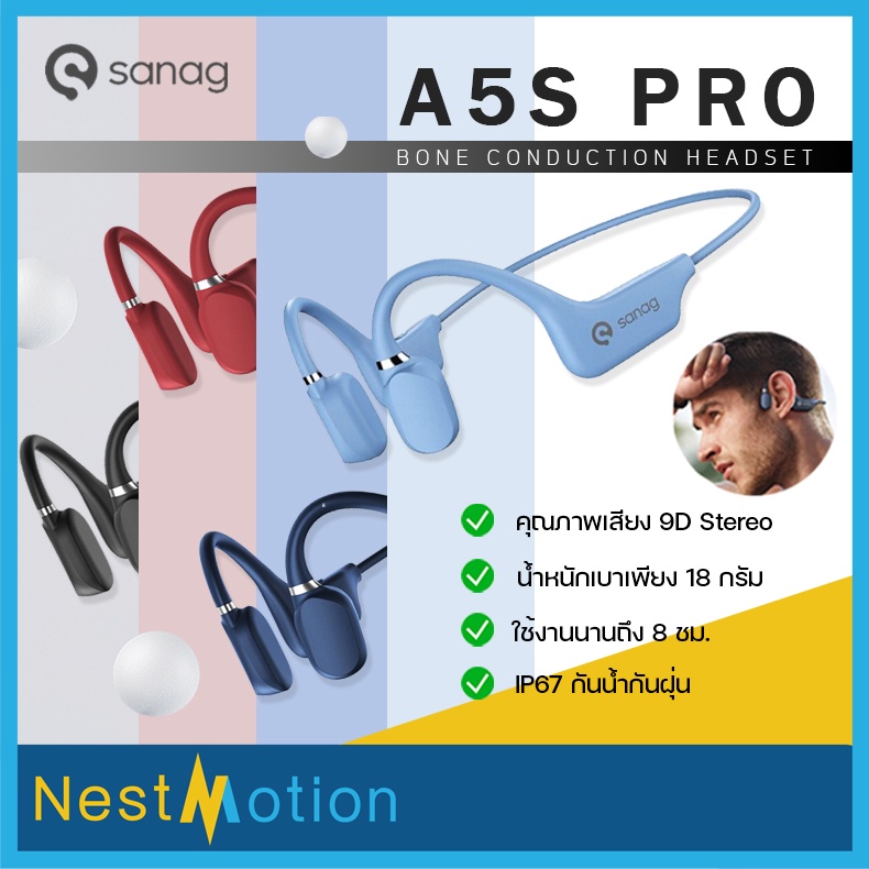 Sanag A5S Pro bone conduction headset - หูฟังออกกำลังกาย บลูทูธ 5.0 ไร้สาย น้ำหนักเบามาก ใส่สบาย ...