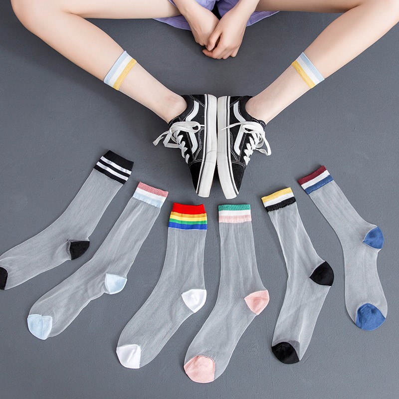 Summer Rainbow Striped Transparent Women Socks Japanese New Style ...