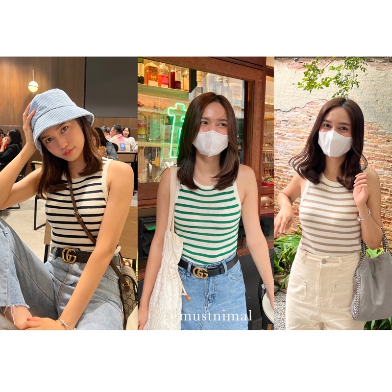 (สีเขียว+ดำพร้อมส่ง) MUSTNIMAL | Honey stripped เสื้อแขนกุดลายทาง TP002 | Shopee Thailand