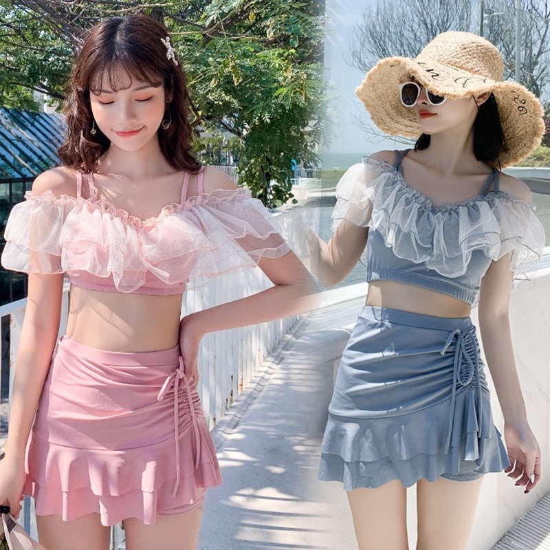 ช ดว ายน ำกระโปรง ช ดว ายน ำสตร สายแขวน ส ชมพ ส ฟ า โชว ห นด น าร ก