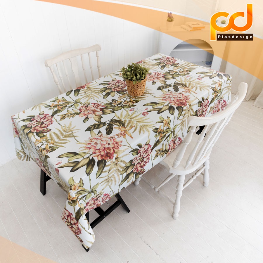 ปูโต๊ะ PW ยาว 2 เมตร พื้นขาวครีม ลายพวงดอกไม้ทั้งผืน (PW94-TR313-1-2) เนื้อเหนียว ทนทาน กันน้ำ ...