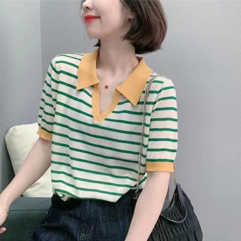 *Miki-Shop💕มี13สี😍เสื้อคอปกแขนสั้น ผ้าไหมพรมลายทาง แฟชั่นสไตล์เกาหลี ...