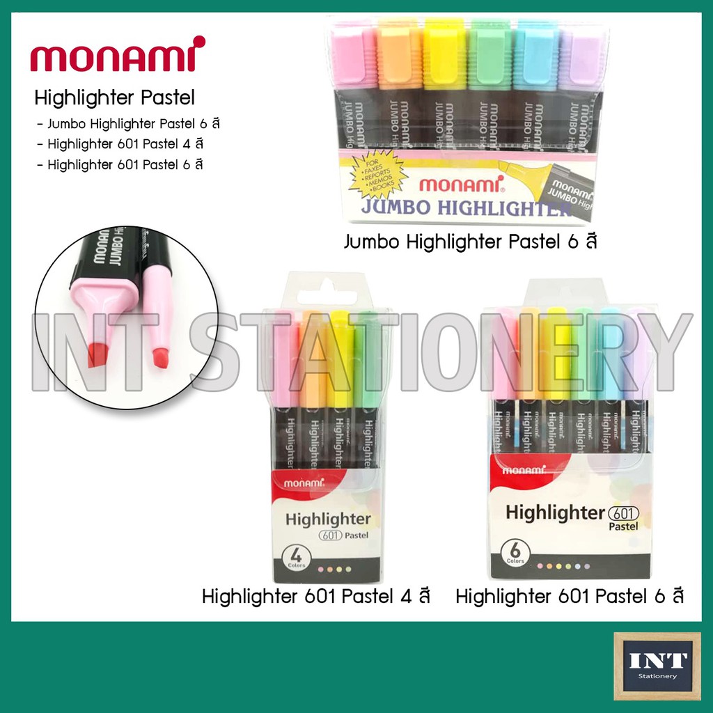 ปากกาเน้นข้อความ ไฮไลท์ โมนามิ Monami Highlighter Pastel 601, Jumbo ชุด ...