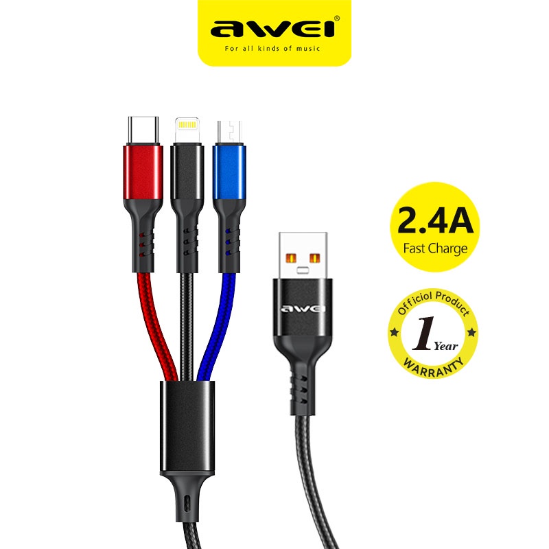 Awei CL-971 3-in-1 2.4A สายชาร์จโทรศัพท์ด่วน Type-C USB Micro-USB ...