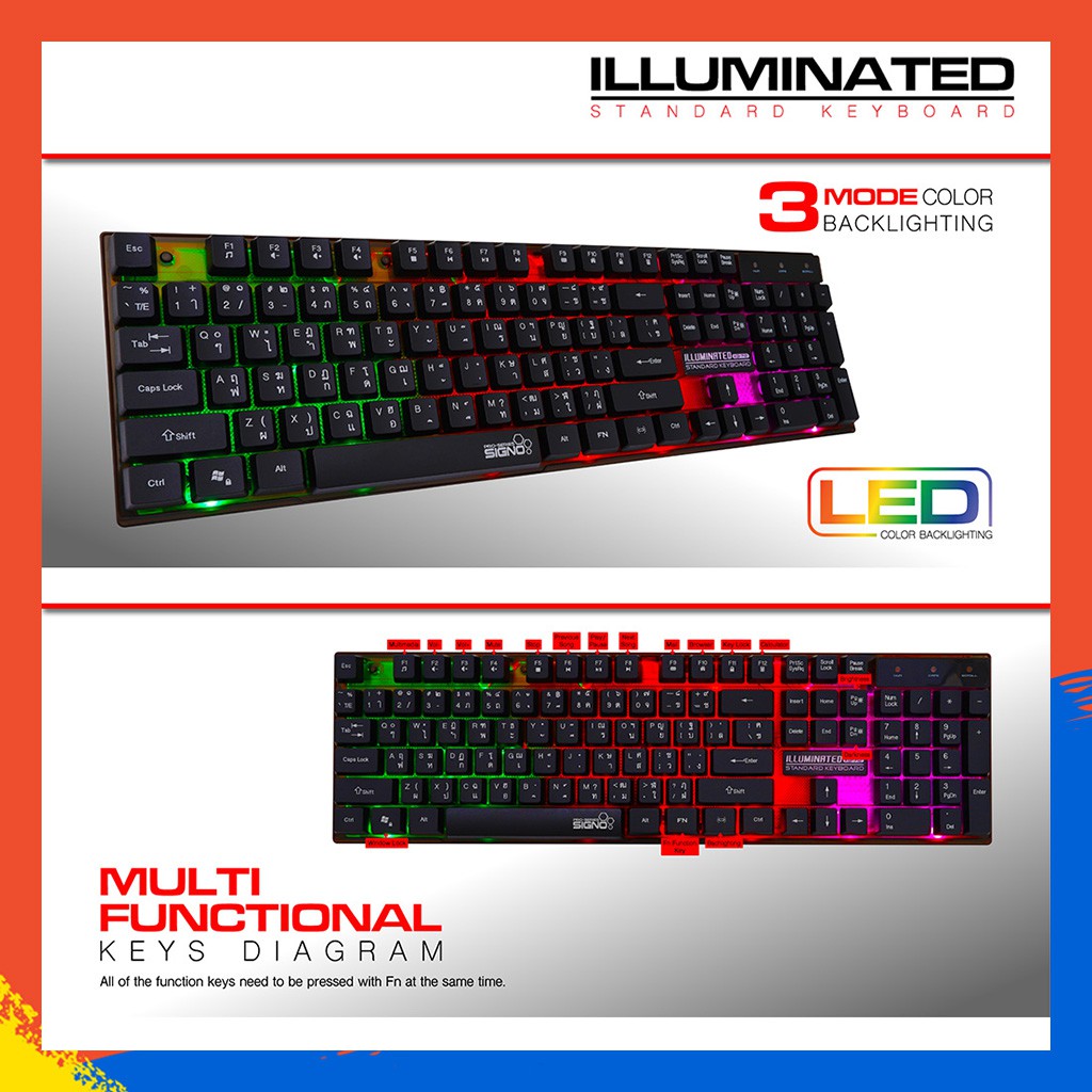 Signo KB-712 Illuminated Rubber dome คีย์บอร์ด LED 7 สี โดมสวิตช์ ...