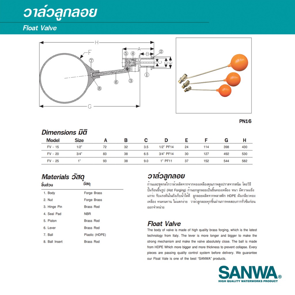 วาล์วลูกลอย ซันวา 1 นิ้ว ลูกลอย ก้านทองเหลือง SANWA Float Valve 1" | Shopee Thailand