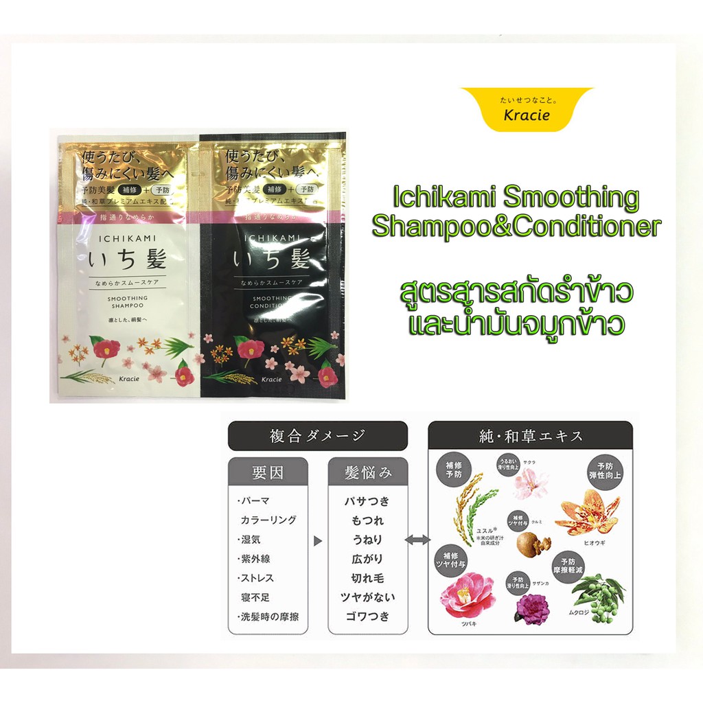 KRACIE ICHIKAMI Smoothing Shampoo&Conditioner แชมพูและครีมนวดผม สูตรสารสกัดรำข้าว และน้ำมันจมูก ...