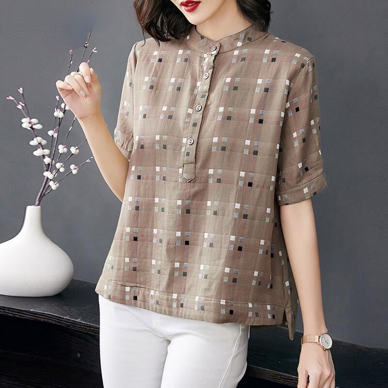 เสื้อเบลาส์ลําลอง ผ้าฝ้าย แขนสั้น คอกลม ทรงหลวม ลายสก๊อต พลัสไซซ์ สไตล์ ...