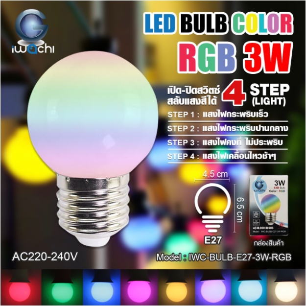 หลอดปิงปอง(สี) pingpong Led แสง RGB 3W ขั้วE27 IWC-BULB-E27-3W-RGB IWACHI ล้างสต็อค | Shopee ...