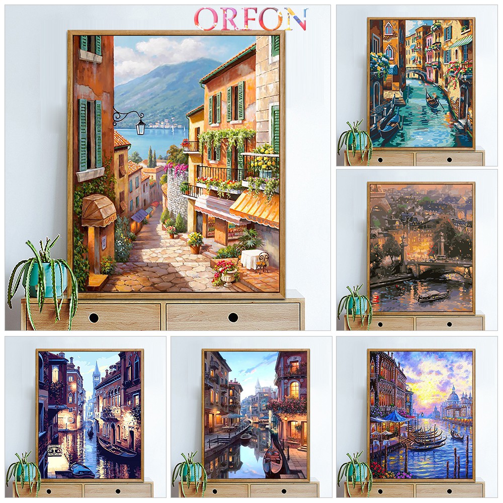 【ORFON】ภาพวาดสีน้ํามันบนผ้าใบ ตามตัวเลข รูปคลองเวนิส ขนาด 40x50 ซม. พร้อมกรอบ สําหรับตกแต่งบ้าน ...