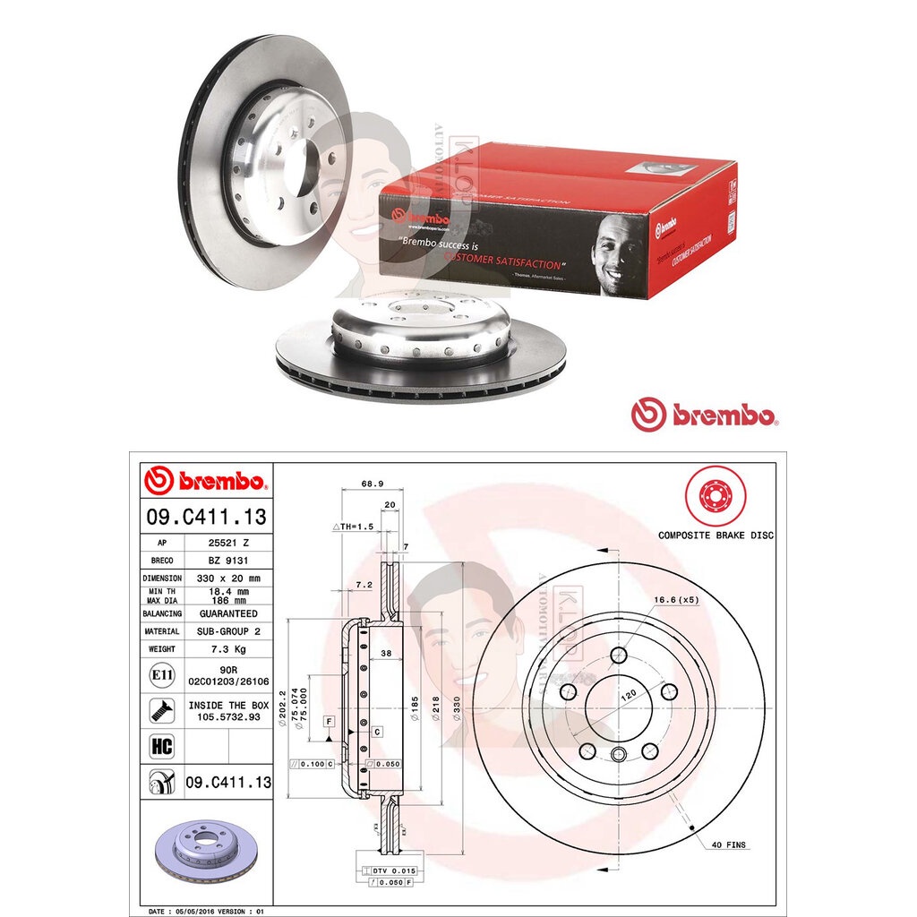 09 C411 13 จานเบรค ล้อ R (ยี่ห้อ BREMBO) รุ่น HC UV Com BMW ซีรี่ส์ 5 ...