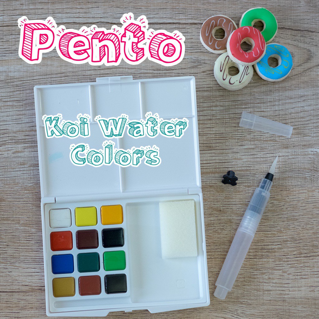 Pento ชุดสีน้ำก้อน สีน้ำตลับ พร้อมพู่กันเติมน้ำโคอิ 12 สี Koi ...