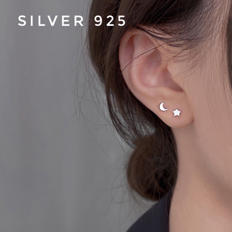 (silver925) ต่างหูพระจันทร์ กับ ดาว มินิมอล ต่างหูเงินแท้ (ราคาต่อ 1 ...