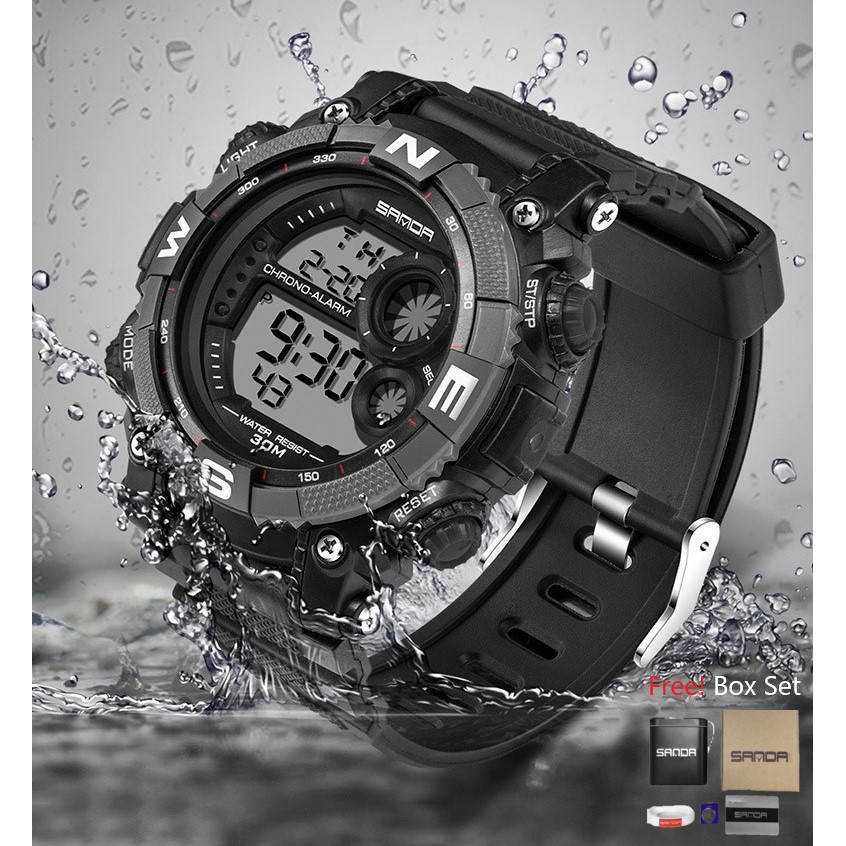 นาฬิกา SANDA 323 แท้ 100% ฟรี! Box Set LED กันน้ำ จับเวลา ตั้งปลุก ...