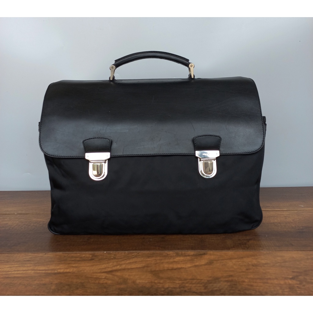 Prada Double Vintage and Leather Buckle Briefcase Black Nylon Laptop ...