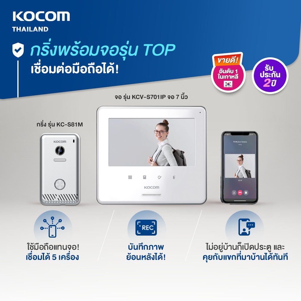 KOCOM กริ่ง ประตู ไฟฟ้า มีกล้อง VDO Phone Intercom เกาหลี ปลดล็อคประตูได้ เชื่อมมือถือได้ 5 ...